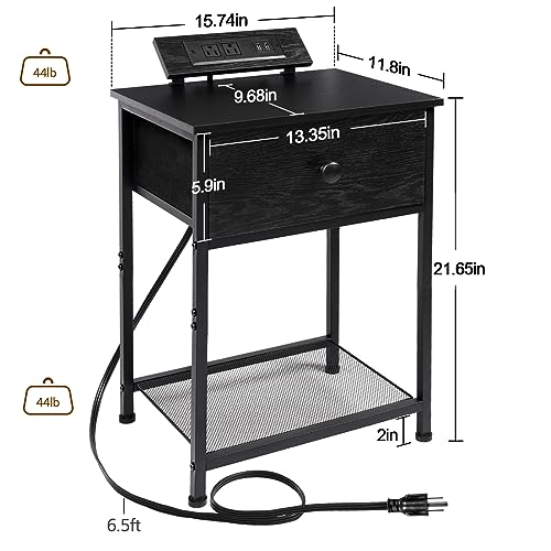 AMHANCIBLE Night Stand Set 2, Small Black Nightstand with Charging Station, End Side Tables Living Room with USB Ports & Outlets, Slim Bedside Table with Drawers for Bedroom HET03SDPBK