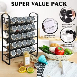 CUCUMI 36pcs Spice Jars with Labels, 4oz Glass Square Spice Containers with Shaker Lids Airtight Metal Caps and Collapsible Funnel, Spice Bottles for Spice Rack Cabinet Drawer