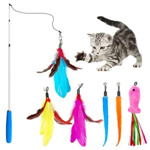 vovamo cat toys for indoor cat，1pcs retractable cat wand toy and 5pcs cat feather toys refills and 1pcs fish teaser refills, interactive kitten toys fishing pole，fun toy for cat exercise