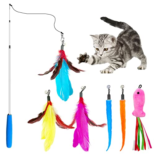 Vovamo Cat Toys for Indoor Cat，1PCS Retractable Cat Wand Toy and 5PCS Cat Feather Toys Refills and 1PCS Fish Teaser Refills, Interactive Kitten Toys Fishing Pole，Fun Toy for Cat Exercise