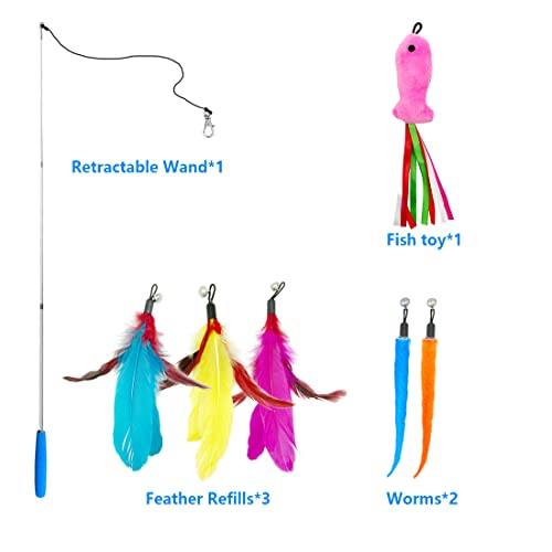 Vovamo Cat Toys for Indoor Cat，1PCS Retractable Cat Wand Toy and 5PCS Cat Feather Toys Refills and 1PCS Fish Teaser Refills, Interactive Kitten Toys Fishing Pole，Fun Toy for Cat Exercise