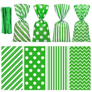 aneco 100 pack green and white cellophane bags plastic candy bags gift bags goodie bags with twist ties for valentine, birthday, gift cookie snack packing party favor supplies