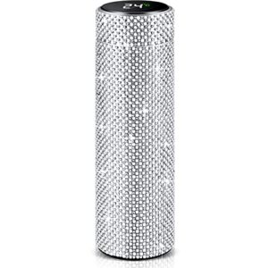 sieral bling stainless steel water bottle led temperature display smart rhinestone vacuum diamond water bottle glitter bottles diamond vacuum flask mug gift kids women,17 oz white 23cm/9.06''