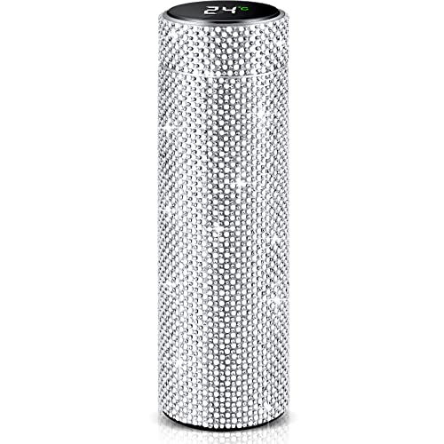 Sieral Bling Stainless Steel Water Bottle LED Temperature Display Smart Rhinestone Vacuum Diamond Water Bottle Glitter Bottles Diamond Vacuum Flask Mug Gift Kids Women,17 oz White 23cm/9.06''