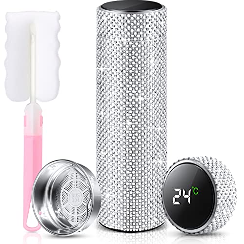 Sieral Bling Stainless Steel Water Bottle LED Temperature Display Smart Rhinestone Vacuum Diamond Water Bottle Glitter Bottles Diamond Vacuum Flask Mug Gift Kids Women,17 oz White 23cm/9.06''