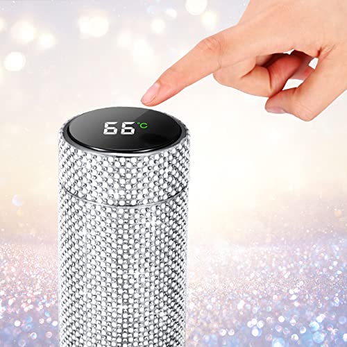 Sieral Bling Stainless Steel Water Bottle LED Temperature Display Smart Rhinestone Vacuum Diamond Water Bottle Glitter Bottles Diamond Vacuum Flask Mug Gift Kids Women,17 oz White 23cm/9.06''