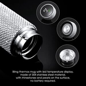 Sieral Bling Stainless Steel Water Bottle LED Temperature Display Smart Rhinestone Vacuum Diamond Water Bottle Glitter Bottles Diamond Vacuum Flask Mug Gift Kids Women,17 oz White 23cm/9.06''