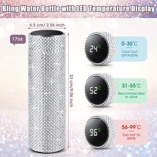 Sieral Bling Stainless Steel Water Bottle LED Temperature Display Smart Rhinestone Vacuum Diamond Water Bottle Glitter Bottles Diamond Vacuum Flask Mug Gift Kids Women,17 oz White 23cm/9.06''