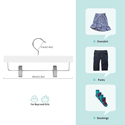 Nature Smile Kids Solid Wooden Pants Hangers,Baby Toddler Children Wood Skirts Hangers,Trousers Bottom 11.8 inches Hangers with 2-Adjustable Clips Anti-Rust Hook Pack of 20 (White)