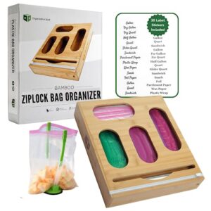 kitchen drawer ziplock bag organizer with foil wrap dispenser and cutter | bamboo ziplock bag organizer for drawer | baggie organizer compatible with snack, slider, quart, gallon, sandwich bag sizes