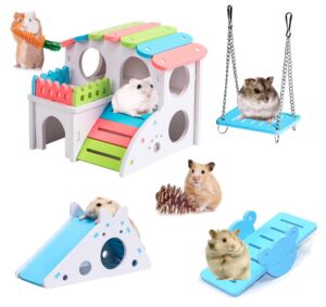 magnoloran 4 pack hamster toys set wooden hamster house guinea pig hideout pet sport exercise toys hamster cage accessories including hamster villa, swing, seesaw, ladder for gerbil hamster hedgehog