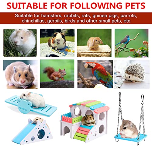 Magnoloran 4 Pack Hamster Toys Set Wooden Hamster House Guinea Pig Hideout Pet Sport Exercise Toys Hamster Cage Accessories Including Hamster Villa, Swing, Seesaw, Ladder for Gerbil Hamster Hedgehog