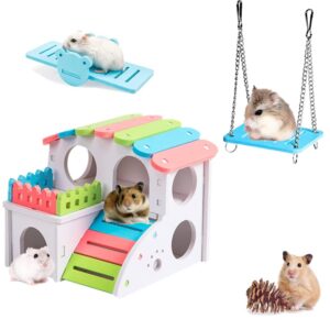 Magnoloran 4 Pack Hamster Toys Set Wooden Hamster House Guinea Pig Hideout Pet Sport Exercise Toys Hamster Cage Accessories Including Hamster Villa, Swing, Seesaw, Ladder for Gerbil Hamster Hedgehog