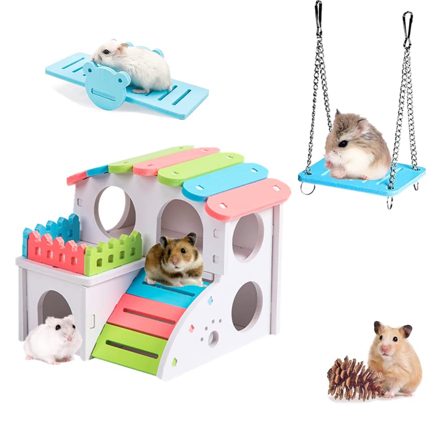 Magnoloran 4 Pack Hamster Toys Set Wooden Hamster House Guinea Pig Hideout Pet Sport Exercise Toys Hamster Cage Accessories Including Hamster Villa, Swing, Seesaw, Ladder for Gerbil Hamster Hedgehog