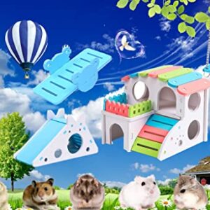 Magnoloran 4 Pack Hamster Toys Set Wooden Hamster House Guinea Pig Hideout Pet Sport Exercise Toys Hamster Cage Accessories Including Hamster Villa, Swing, Seesaw, Ladder for Gerbil Hamster Hedgehog