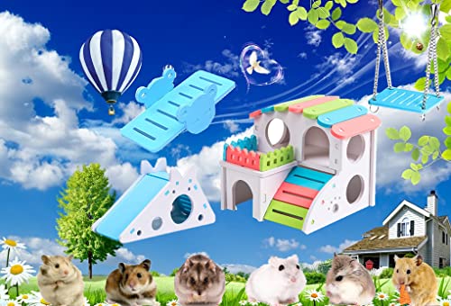 Magnoloran 4 Pack Hamster Toys Set Wooden Hamster House Guinea Pig Hideout Pet Sport Exercise Toys Hamster Cage Accessories Including Hamster Villa, Swing, Seesaw, Ladder for Gerbil Hamster Hedgehog