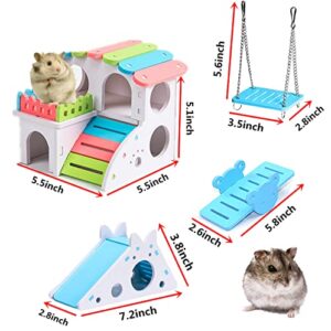 Magnoloran 4 Pack Hamster Toys Set Wooden Hamster House Guinea Pig Hideout Pet Sport Exercise Toys Hamster Cage Accessories Including Hamster Villa, Swing, Seesaw, Ladder for Gerbil Hamster Hedgehog