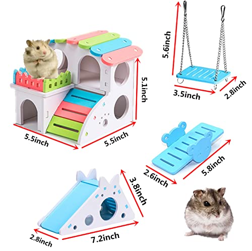 Magnoloran 4 Pack Hamster Toys Set Wooden Hamster House Guinea Pig Hideout Pet Sport Exercise Toys Hamster Cage Accessories Including Hamster Villa, Swing, Seesaw, Ladder for Gerbil Hamster Hedgehog