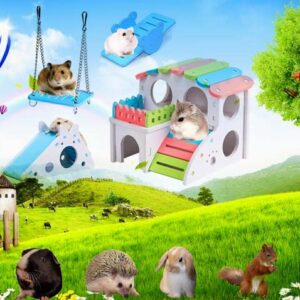 Magnoloran 4 Pack Hamster Toys Set Wooden Hamster House Guinea Pig Hideout Pet Sport Exercise Toys Hamster Cage Accessories Including Hamster Villa, Swing, Seesaw, Ladder for Gerbil Hamster Hedgehog