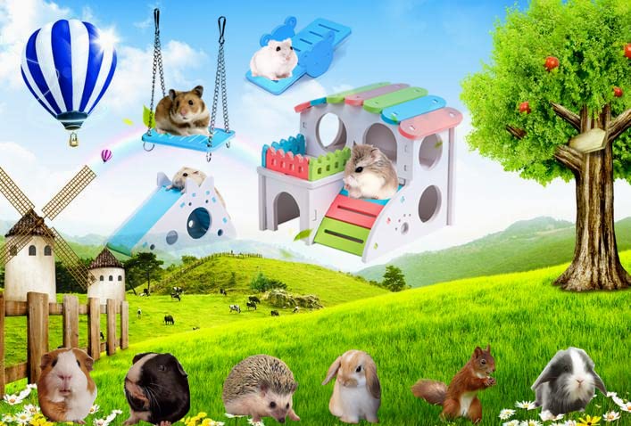 Magnoloran 4 Pack Hamster Toys Set Wooden Hamster House Guinea Pig Hideout Pet Sport Exercise Toys Hamster Cage Accessories Including Hamster Villa, Swing, Seesaw, Ladder for Gerbil Hamster Hedgehog