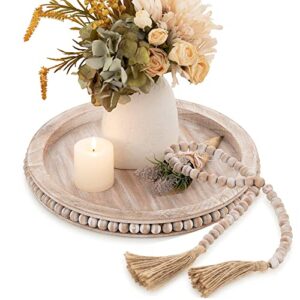 hanobe round wooden bead tray: coffee table tray with wood beaded garland decor set pinkish whitewashed decorative tray for counter farmhouse centerpiece rustic distressed candle holder