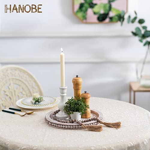 Hanobe Round Wooden Bead Tray: Coffee Table Tray with Wood Beaded Garland Decor Set Pinkish Whitewashed Decorative Tray for Counter Farmhouse Centerpiece Rustic Distressed Candle Holder