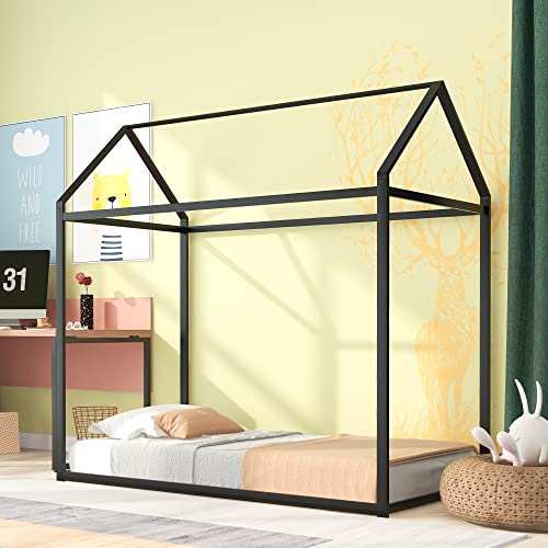 AOCOROE Twin Size House Bed Frame Floor Height Platform Bed for Boys and Girls. Metal Twin Bed House Shaped Canopy Bed Frame with Slats