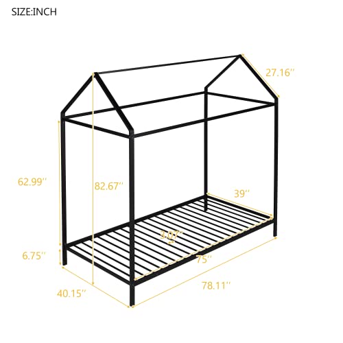 AOCOROE Twin Size House Bed Frame Floor Height Platform Bed for Boys and Girls. Metal Twin Bed House Shaped Canopy Bed Frame with Slats