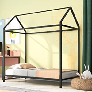 AOCOROE Twin Size House Bed Frame Floor Height Platform Bed for Boys and Girls. Metal Twin Bed House Shaped Canopy Bed Frame with Slats