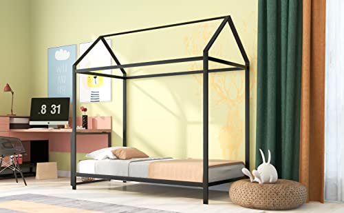 AOCOROE Twin Size House Bed Frame Floor Height Platform Bed for Boys and Girls. Metal Twin Bed House Shaped Canopy Bed Frame with Slats