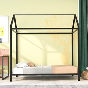 AOCOROE Twin Size House Bed Frame Floor Height Platform Bed for Boys and Girls. Metal Twin Bed House Shaped Canopy Bed Frame with Slats