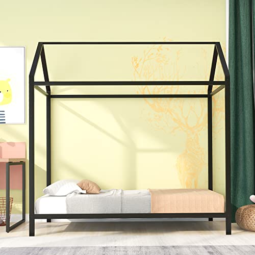 AOCOROE Twin Size House Bed Frame Floor Height Platform Bed for Boys and Girls. Metal Twin Bed House Shaped Canopy Bed Frame with Slats