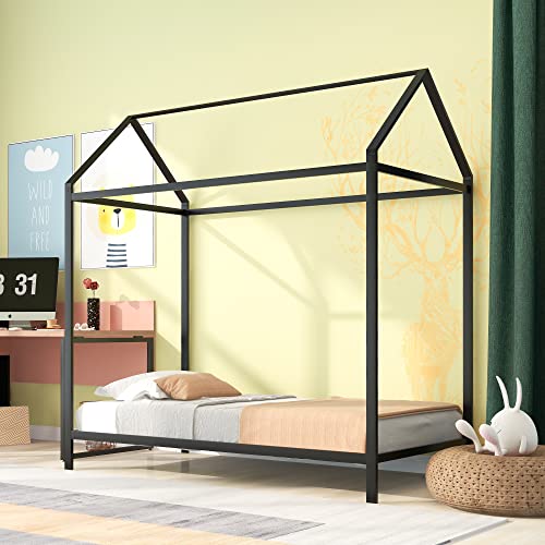 AOCOROE Twin Size House Bed Frame Floor Height Platform Bed for Boys and Girls. Metal Twin Bed House Shaped Canopy Bed Frame with Slats