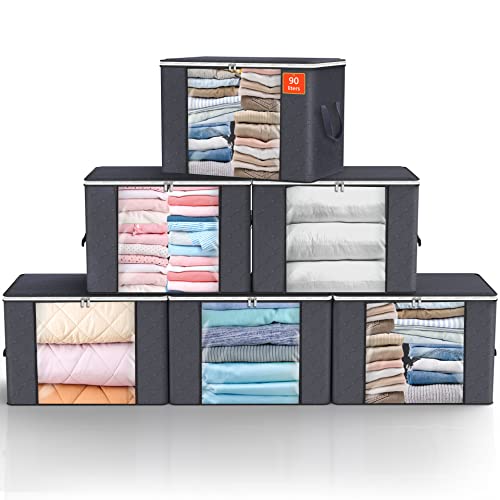 FEXIA 6 Pack 90L Large Clothes Storage Bag Foldable Closet Organizer and Storage Bin with Reinforced Handle Clear Window Sturdy Zipper Thick Farbic for Quilts, Comforters, Blankets, Bedding(Gray)