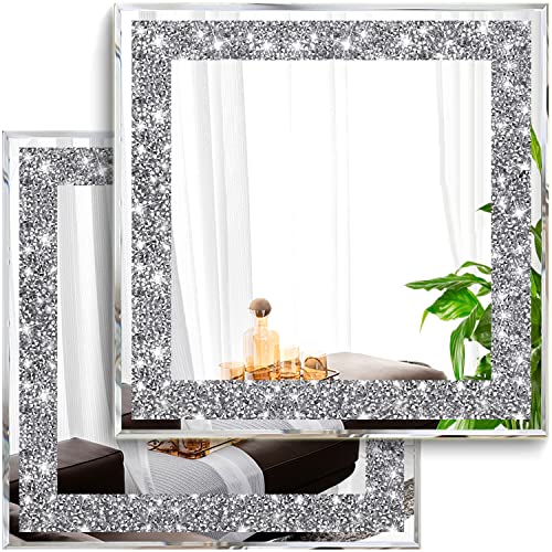 XIHACTY 2 Piece Wall Mirrors, Crush Diamond Mirrors Decor, Silver Decorative for Living Room Bedroom, Bathroom. (12”x12”)