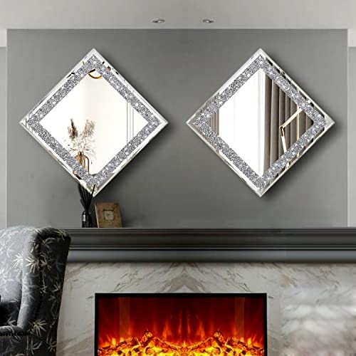 XIHACTY 2 Piece Wall Mirrors, Crush Diamond Mirrors Decor, Silver Decorative for Living Room Bedroom, Bathroom. (12”x12”)