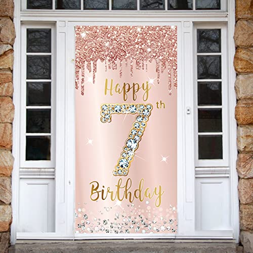 7th Birthday Door Banner Decorations for Girls, Pink Rose Gold Happy 7 Birthday Door Cover Sign Party Supplies, Seven Year Old Birthday Backdrop Poster Background Decor