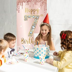 7th Birthday Door Banner Decorations for Girls, Pink Rose Gold Happy 7 Birthday Door Cover Sign Party Supplies, Seven Year Old Birthday Backdrop Poster Background Decor