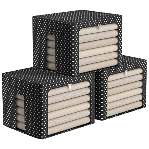 3 Pack Clothes Storage Organizer Bins - Foldable Metal Frame Storage Bins Stackable Oxford Cloth Fabric Container Organizer Set with Carrying Handles and Clear Window