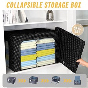 3 Pack Clothes Storage Organizer Bins - Foldable Metal Frame Storage Bins Stackable Oxford Cloth Fabric Container Organizer Set with Carrying Handles and Clear Window