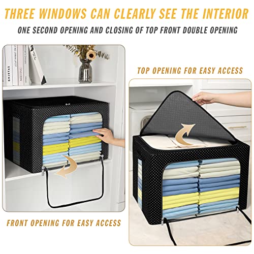 3 Pack Clothes Storage Organizer Bins - Foldable Metal Frame Storage Bins Stackable Oxford Cloth Fabric Container Organizer Set with Carrying Handles and Clear Window