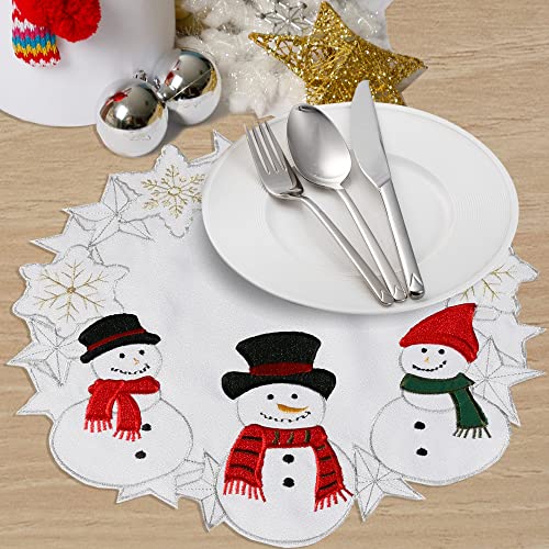 OWENIE Christmas Placemats Set of 4, White Snowman Round Place Mats for Holiday Kitchen Dining Table, Metallic Embroidered Cutwork Snowflakes for Kids, Xmas Party Decorations(4pcs, 15 inches Round)