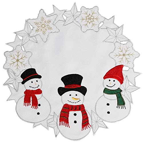 OWENIE Christmas Placemats Set of 4, White Snowman Round Place Mats for Holiday Kitchen Dining Table, Metallic Embroidered Cutwork Snowflakes for Kids, Xmas Party Decorations(4pcs, 15 inches Round)