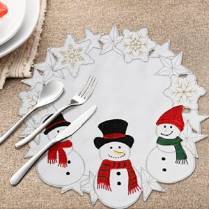 OWENIE Christmas Placemats Set of 4, White Snowman Round Place Mats for Holiday Kitchen Dining Table, Metallic Embroidered Cutwork Snowflakes for Kids, Xmas Party Decorations(4pcs, 15 inches Round)