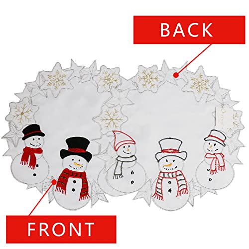 OWENIE Christmas Placemats Set of 4, White Snowman Round Place Mats for Holiday Kitchen Dining Table, Metallic Embroidered Cutwork Snowflakes for Kids, Xmas Party Decorations(4pcs, 15 inches Round)