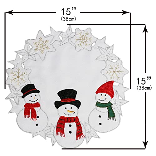 OWENIE Christmas Placemats Set of 4, White Snowman Round Place Mats for Holiday Kitchen Dining Table, Metallic Embroidered Cutwork Snowflakes for Kids, Xmas Party Decorations(4pcs, 15 inches Round)