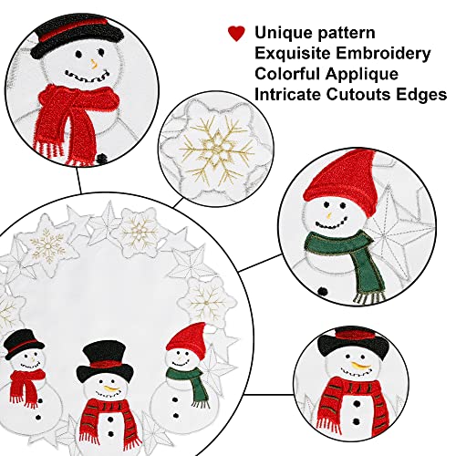 OWENIE Christmas Placemats Set of 4, White Snowman Round Place Mats for Holiday Kitchen Dining Table, Metallic Embroidered Cutwork Snowflakes for Kids, Xmas Party Decorations(4pcs, 15 inches Round)