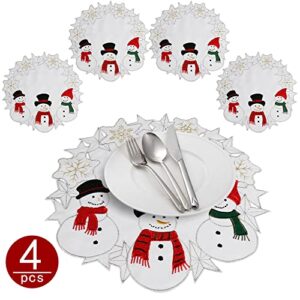 OWENIE Christmas Placemats Set of 4, White Snowman Round Place Mats for Holiday Kitchen Dining Table, Metallic Embroidered Cutwork Snowflakes for Kids, Xmas Party Decorations(4pcs, 15 inches Round)