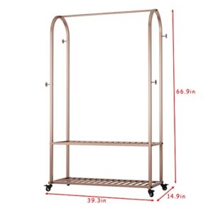 Modern Clothing Rack on Wheels Gold Display Rack with 2-tier Shelf Metal Hanging Rack Gold Clothes Rack for Boutique, Retail or Home -rose gold