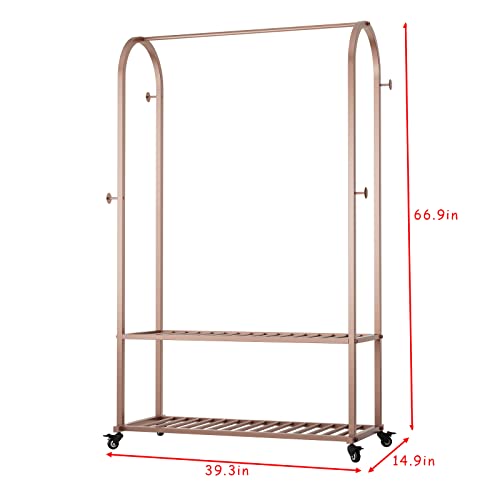 Modern Clothing Rack on Wheels Gold Display Rack with 2-tier Shelf Metal Hanging Rack Gold Clothes Rack for Boutique, Retail or Home -rose gold